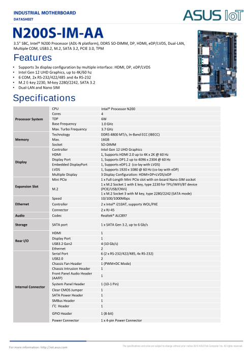 N200S-IM-AA：インテルN200プロセッサを搭載した3.5型SBC（ASUS JAPAN株式会社）のカタログ無料ダウンロード ...