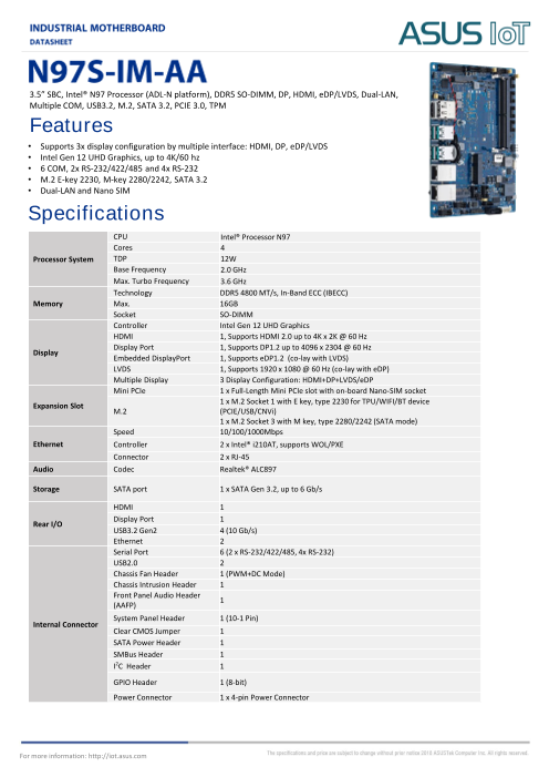 N97S-IM-AA：インテルN97プロセッサを搭載した3.5型SBC（ASUS JAPAN株式会社）のカタログ無料ダウンロード | Apérza Catalog（アペルザカタログ ...