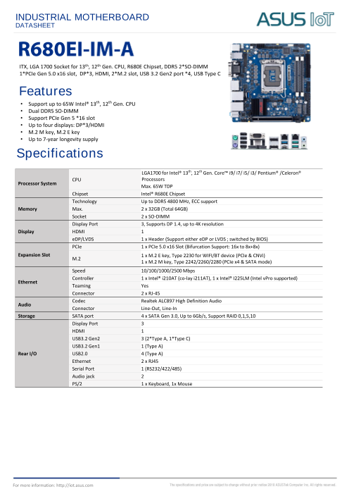 R680EI-IM-A：インテル®R680Eチップセット搭載 Mini-ITXマザーボード （ASUS JAPAN株式会社）のカタログ無料ダウンロード | Apérza Catalog（アペル ...